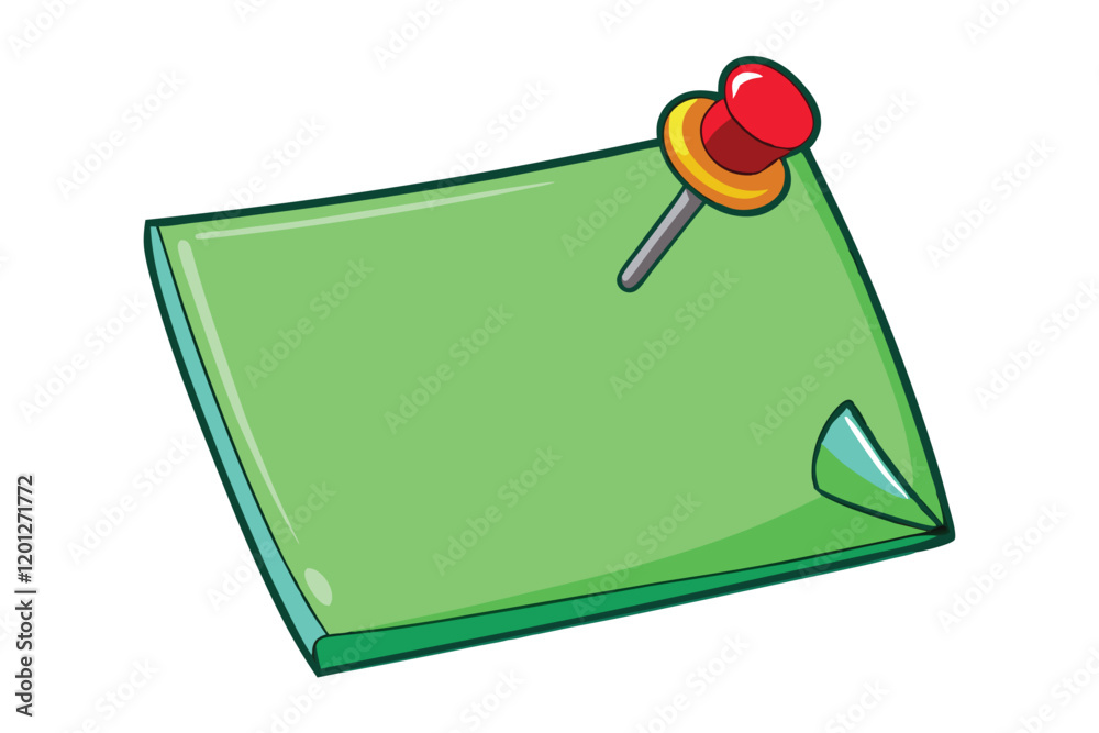 Cartoon style green paper note with push pin, ideal for illustrating ...