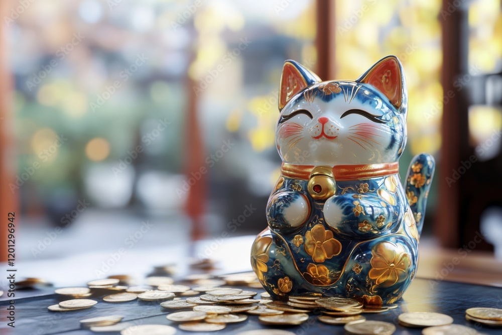 Lucky Cat Figurine with Coins: A Symbol of Fortune and Prosperity Stock ...