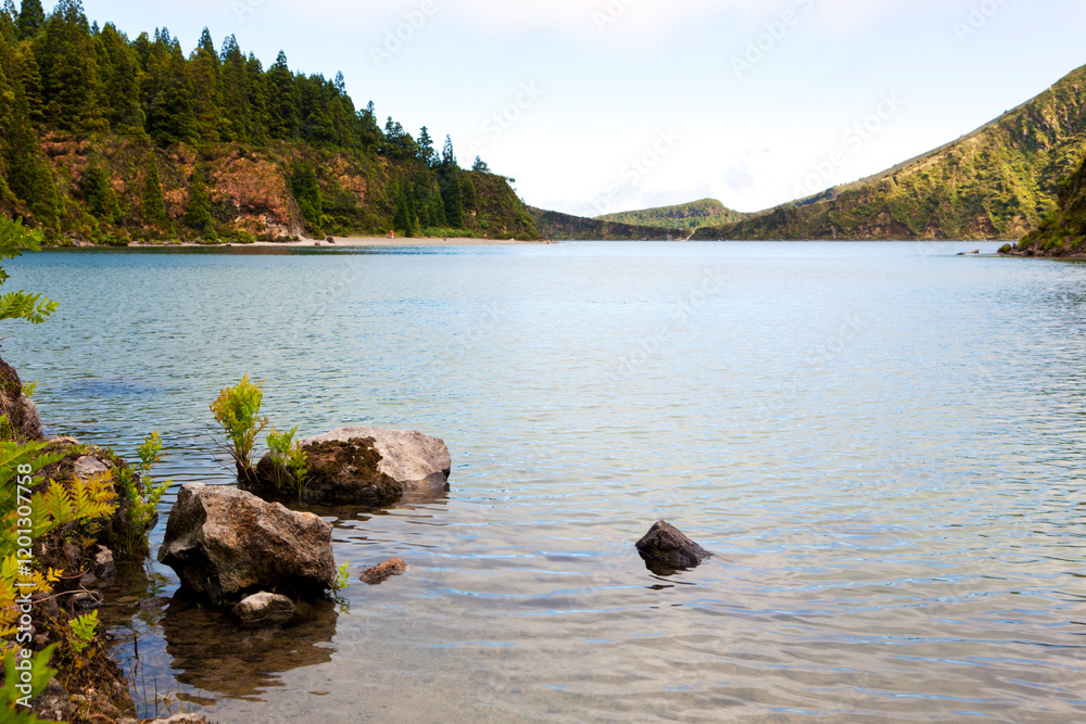 At the shore of Lagoa do Fogo, a volcano crater lake on the island of ...