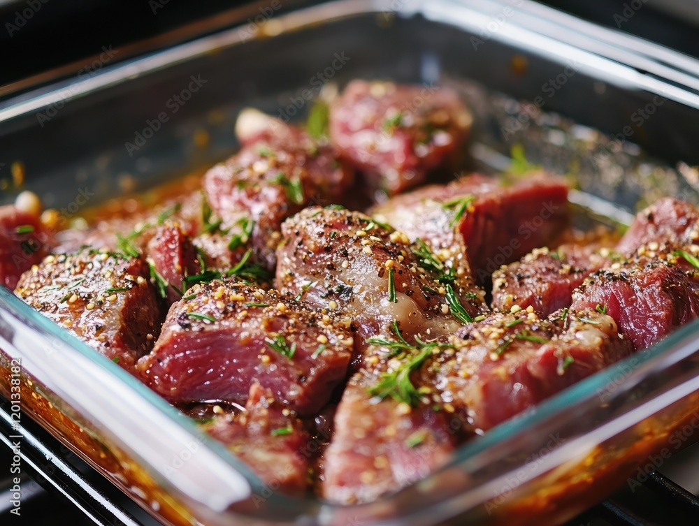 Seasoned raw beef chunks marinating in a clear glass dish before ...