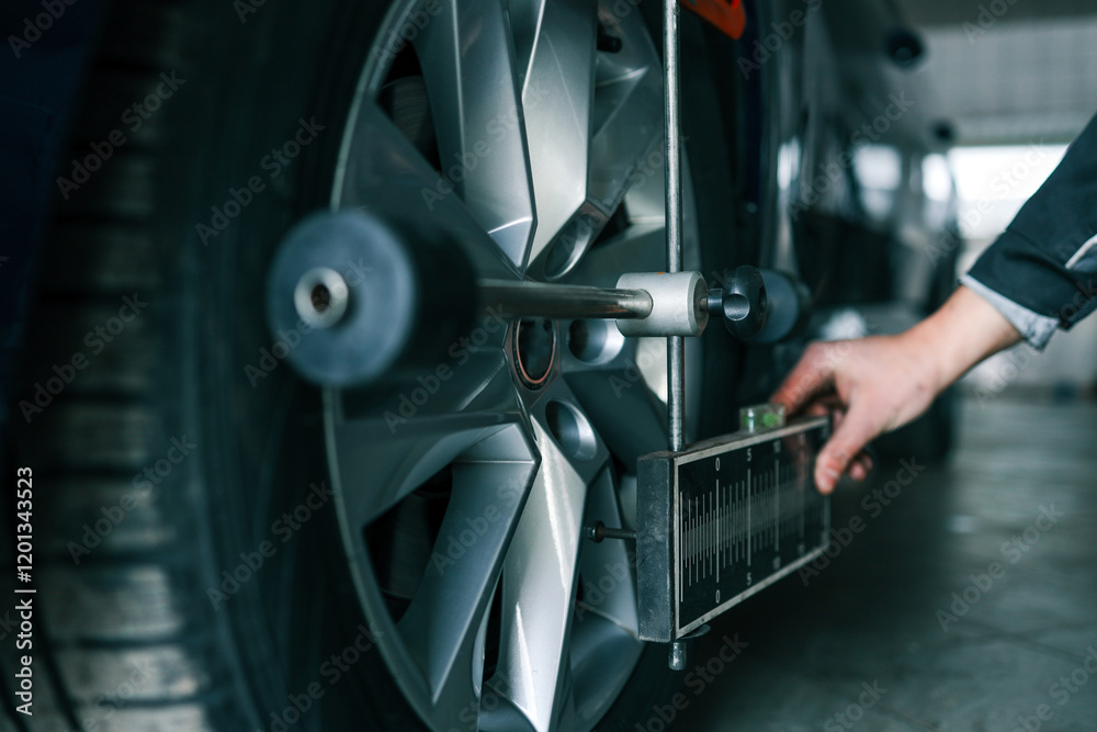 Mechanic adjusting a car's wheel alignment using a professional ...