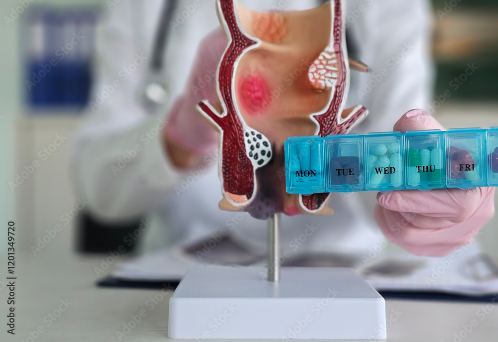 Doctor explains anatomy of human rectum and holds pills. Treatment of ...