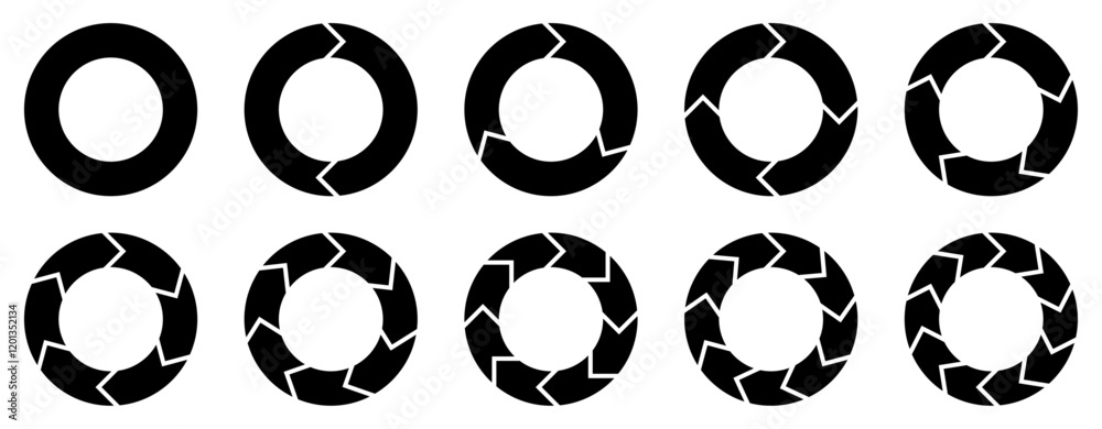circle arrow charts in black color, spinning arrows, repeat circle ...