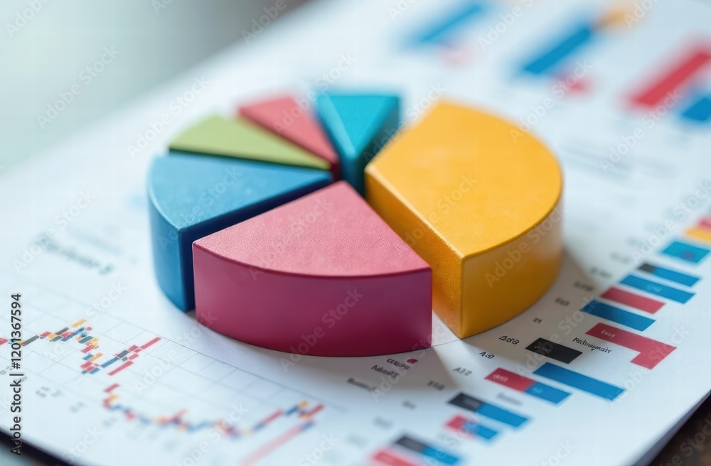 3D pie chart in pastel colors, lies on printed sheets with graphs ...