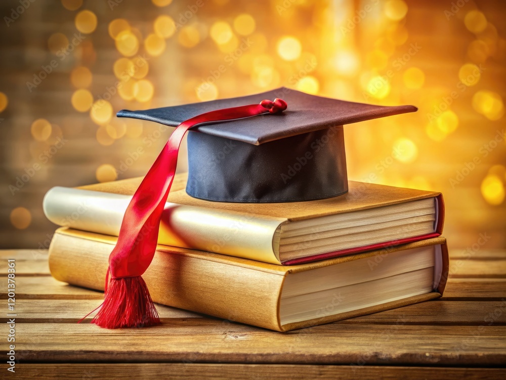 Diploma, graduation cap, and books arranged according to the rule of ...