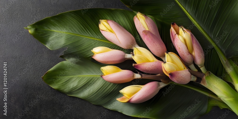 Dwarf Cavendish bananas featuring vibrant banana leaves and a beautiful ...