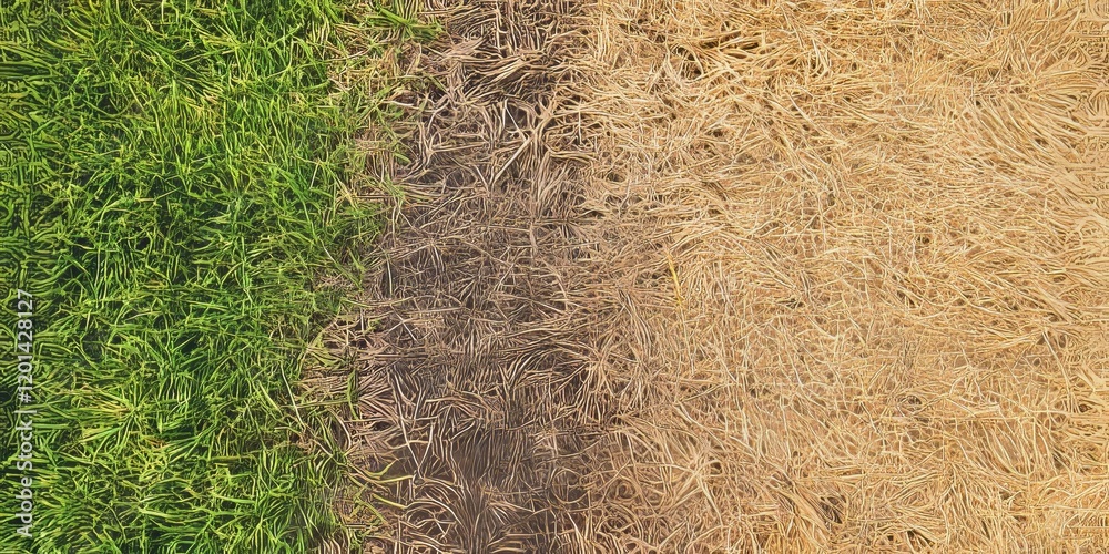 Texture of dry, dead grass showcases a withered lawn affected by summer ...