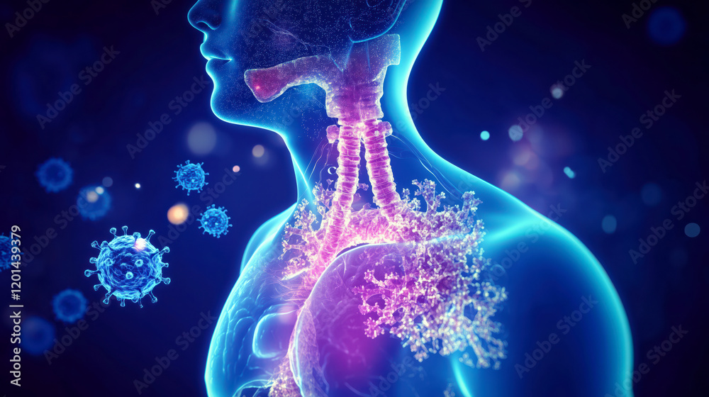 Human metapneumovirus HMPV, with lungs and virus in the background. A ...
