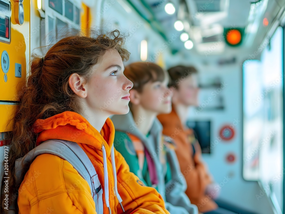 Generation Alpha and trends concept: Group of students in a solar ...