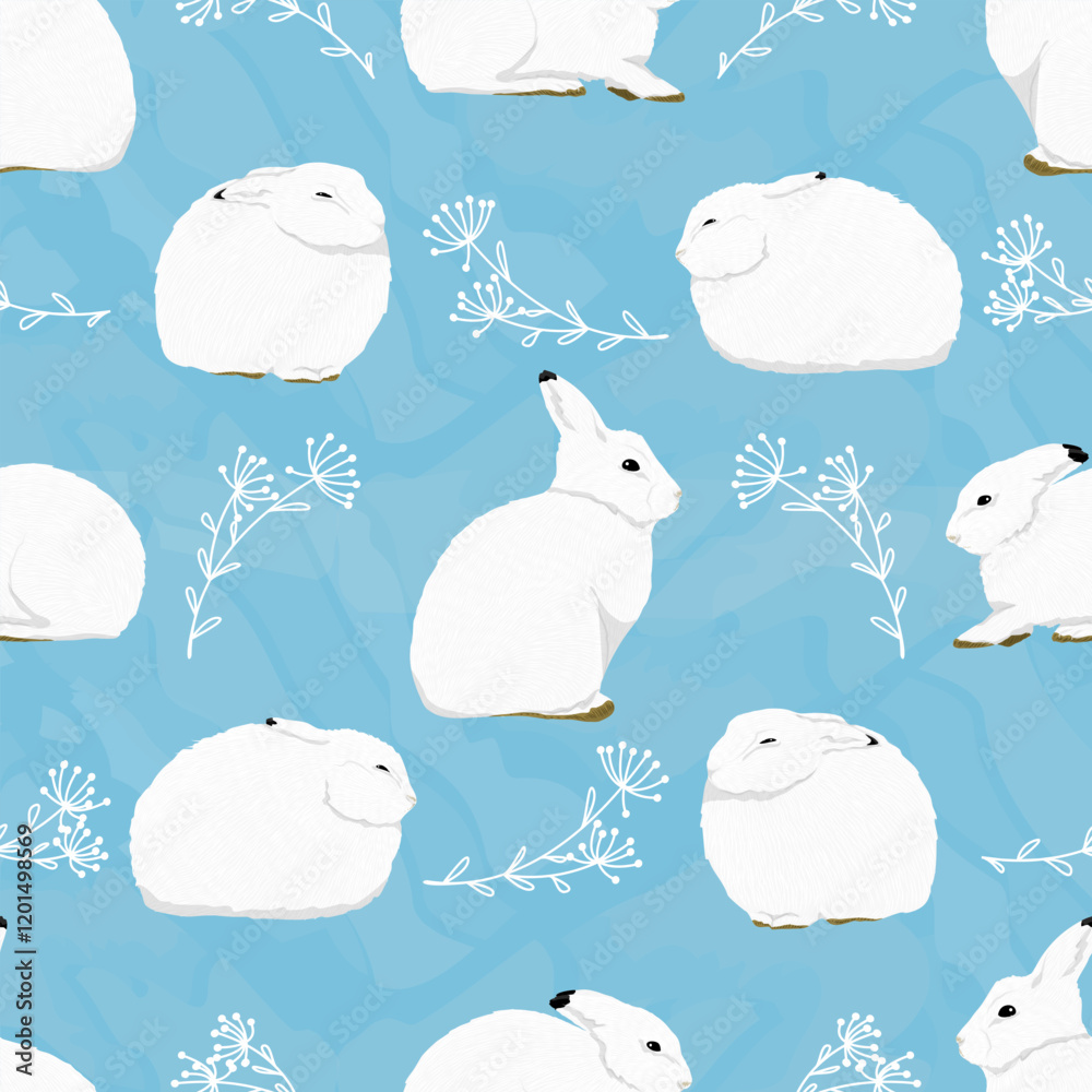 Structured seamless pattern with arctic hares and botanical elements ...