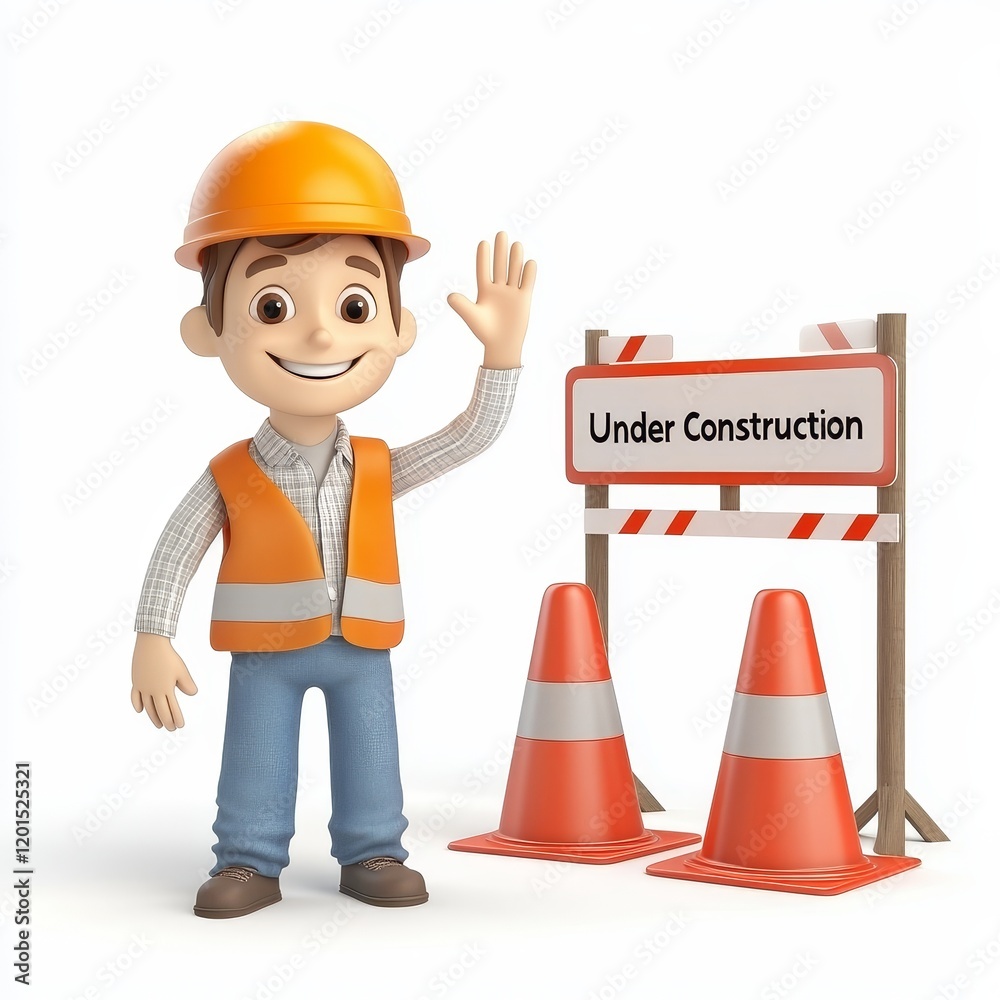 Cheerful cartoon construction worker waving near an "Under Construction ...