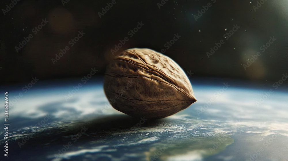 Surreal image of a giant walnut orbiting Earth, blending fantasy and ...