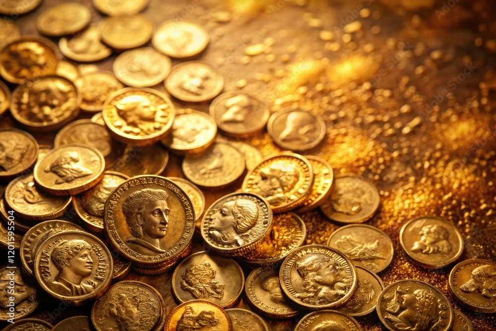 Ancient Roman gold coins scattered on a luxurious gold background ...