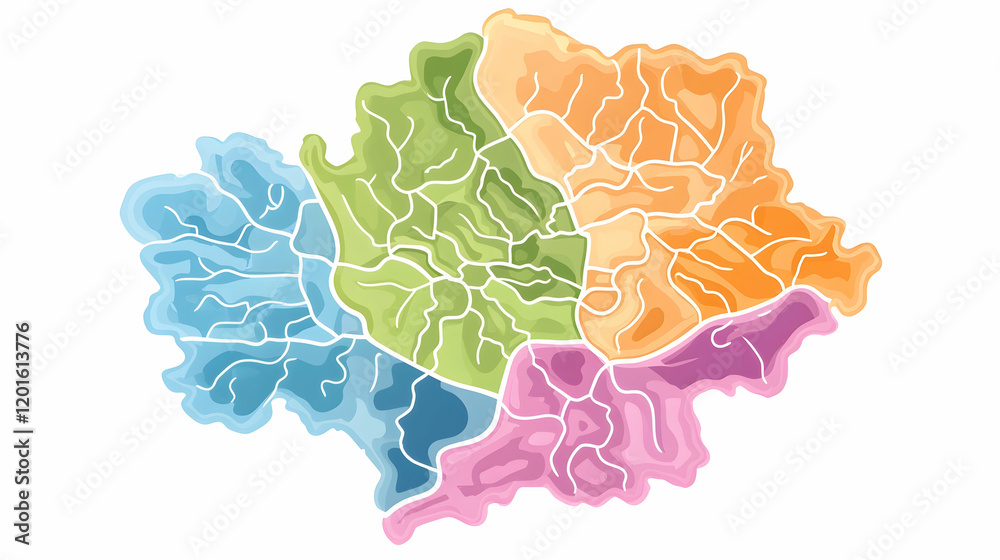 City map divided into five color-coded districts, illustrating urban ...