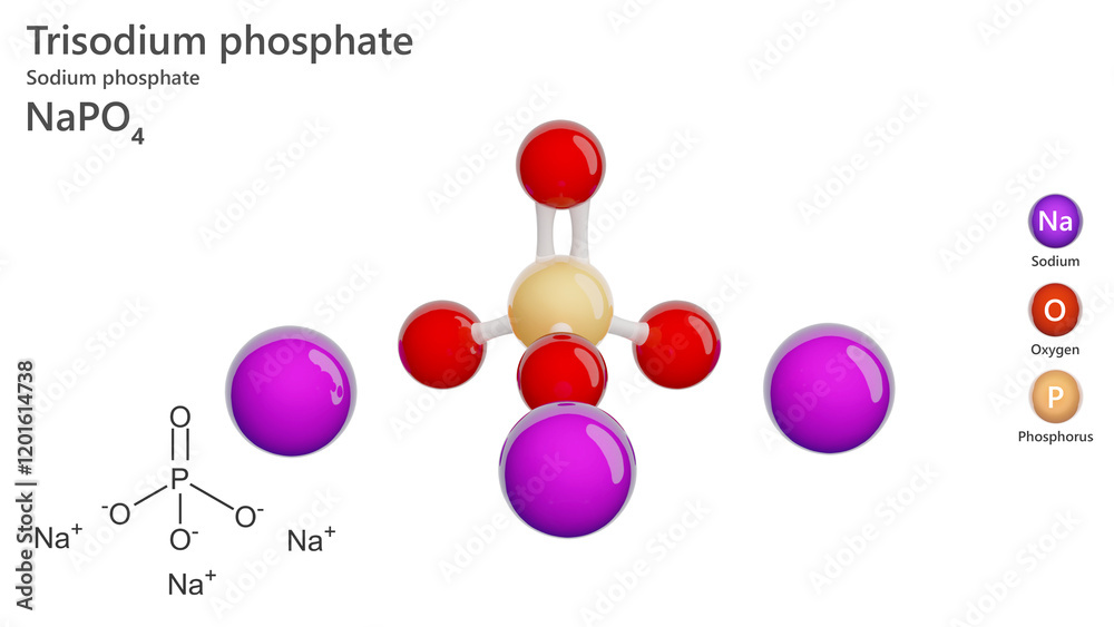 Molecule: Trisodium Phosphate. E339. Molecular structure. Formula: Na3PO4. Chemical model: Ball ...