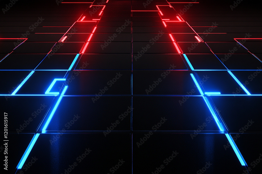 glowing red and blue data streams across reflect background with ...