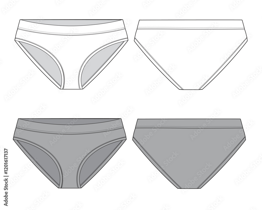 Hipster bikini front and back view technical line drawing vector mockup ...