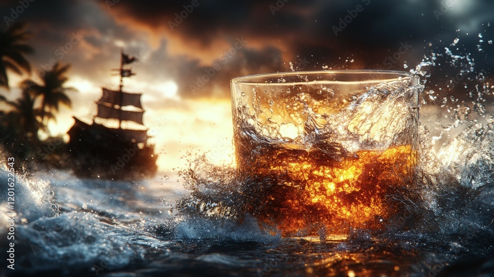 Amber liquid in rum glass transforms into crashing waves with a pirate ...