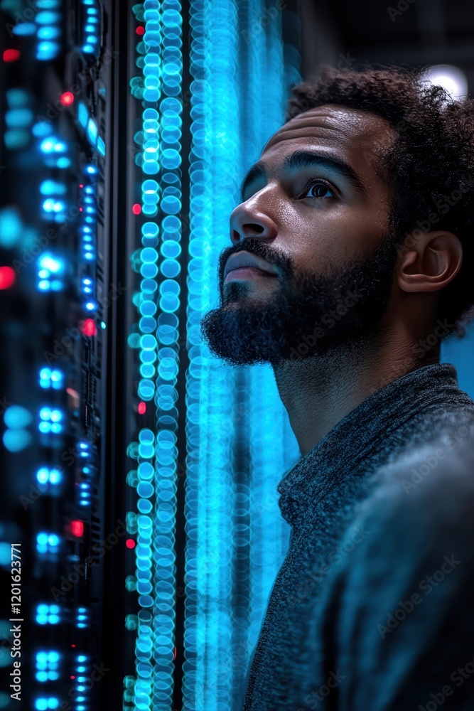 Man in server room, blue lights, technology, thoughtful, hightech ...