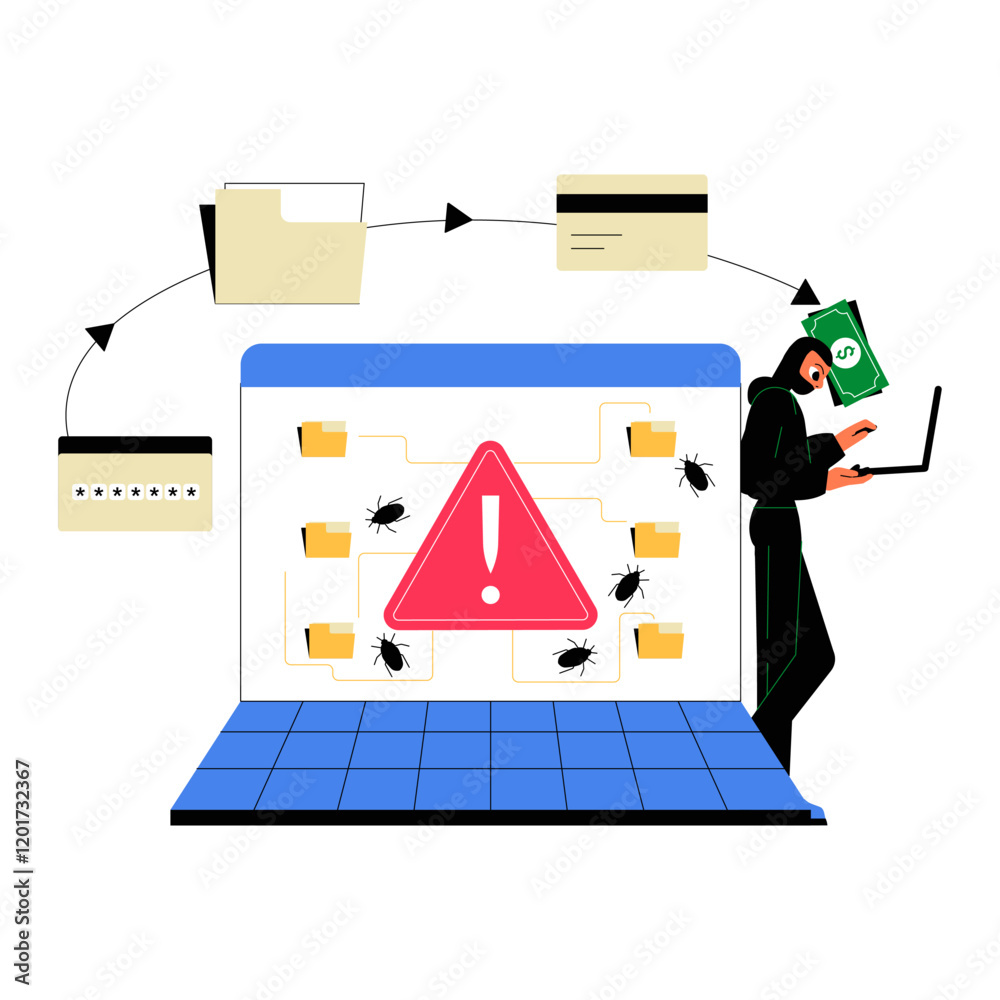 Hacker With Laptop And Alert Icon On Screen In Flat Vector Illustration ...