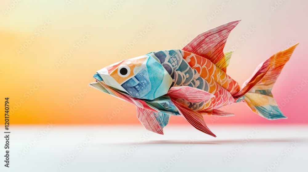 ** Colorful Origami Fish Made from Banknotes on Gradient Background ...