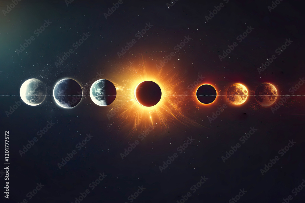 Solar eclipse and planetary alignment depicted in a cosmic scene ...