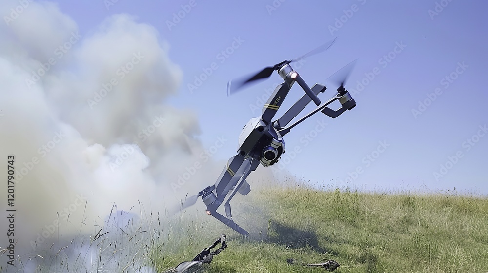Aerial view of a crashed drone in a grassy field with scattered debris ...