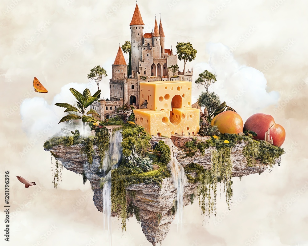 Fantasy illustration of a floating island castle made of cheese ...