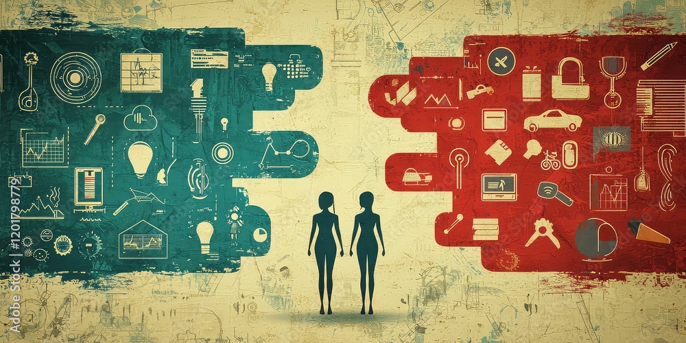 Retro-futuristic design comparing life in 2015 and 2025, with icons ...