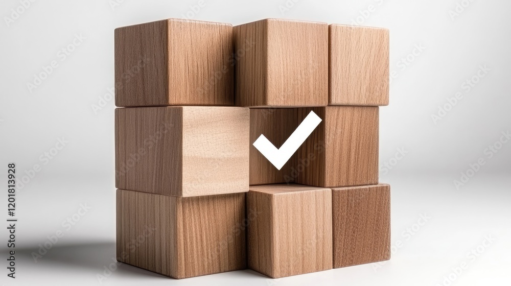 Colorful wooden blocks with checkmarks represent a checklist used for ...