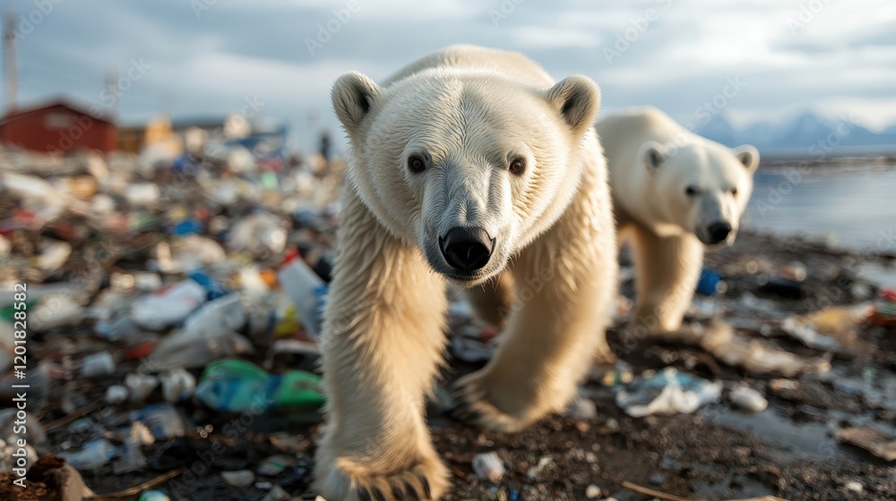 Two polar bears navigate through a polluted shore strewn with debris ...