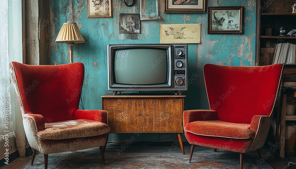 vintage television in a retro TV room, painted wall background ...