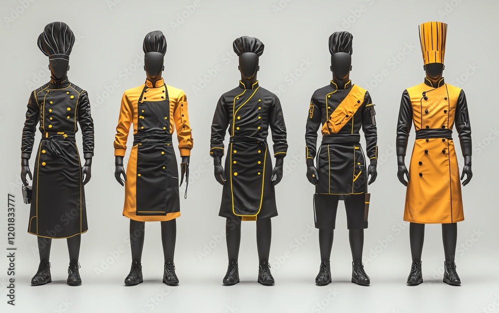Five stylish chef uniforms in black and gold, displayed on mannequins ...