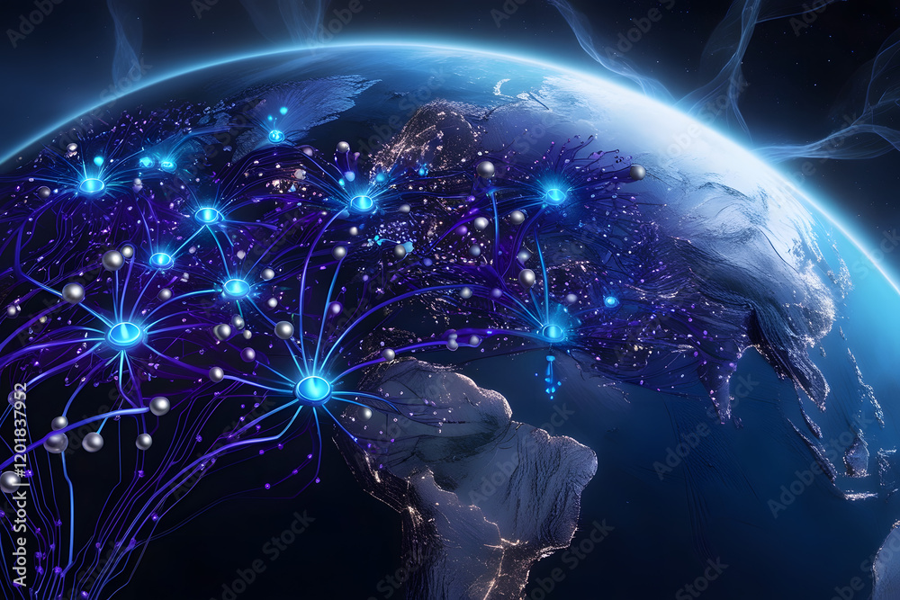 Earth with continents connected to each other with lines. technology ...