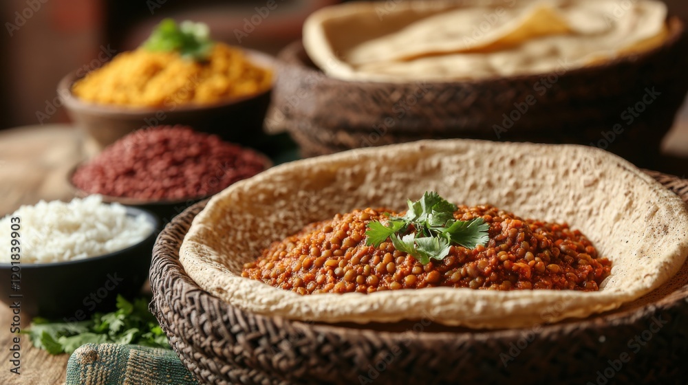Image of rice and Ethiopian injera with spicy lentil stew on a ...
