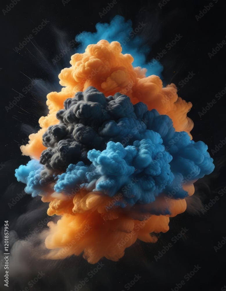 Blue orange cloud on black background with dust particles flying ...