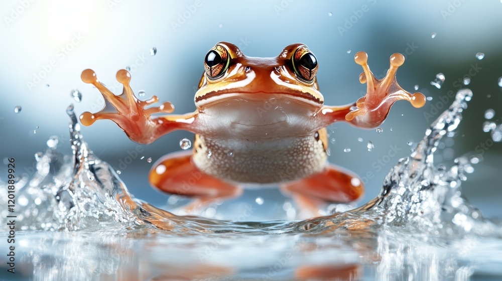 An animated frog dynamically dives into a pool of splashing water ...