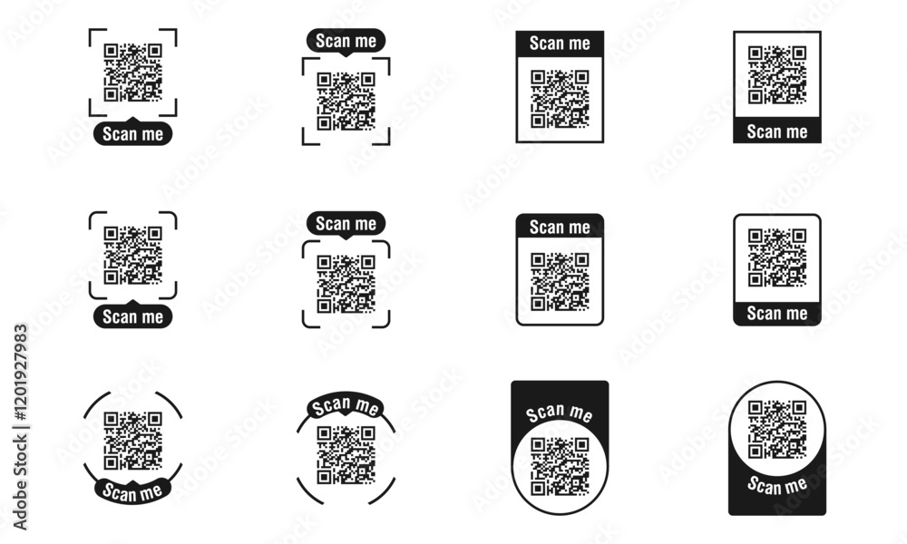 QR code icon set with frame, vector illustration isolated on white ...