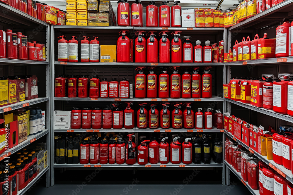 Shelves full of fire extinguishers in a fire safety equipment store ...