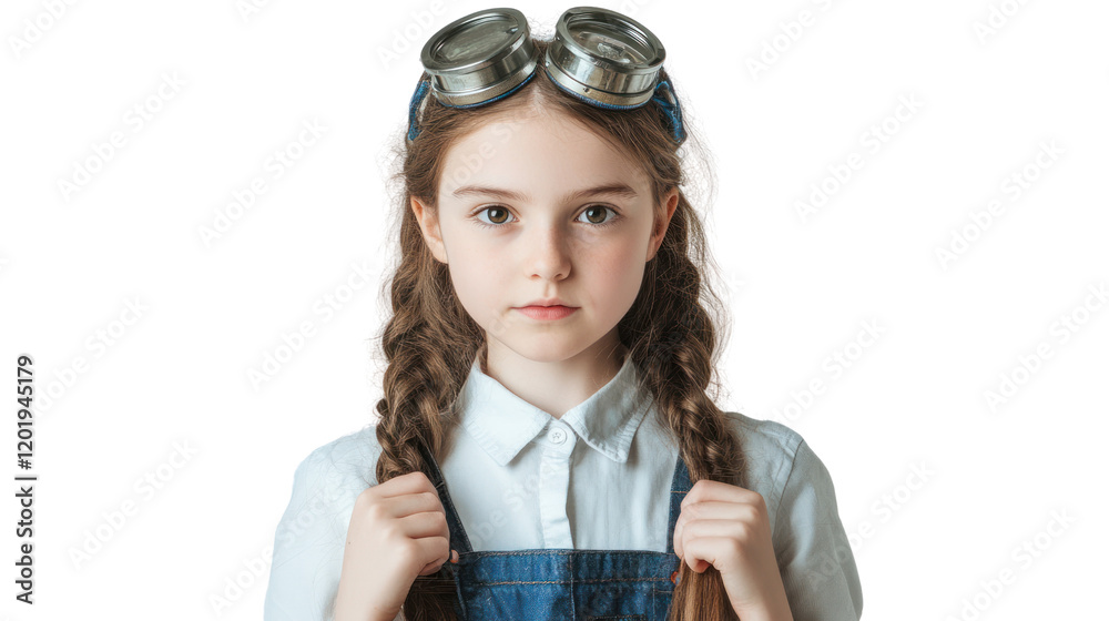 A young girl wearing goggles stands confidently, showcasing her ...