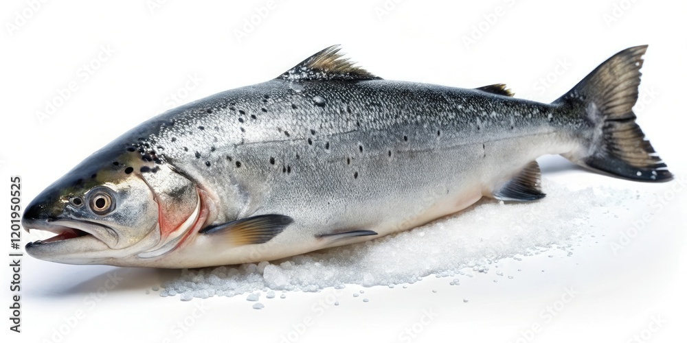 A lone salmon lies on a white background, its scales glistening in the ...