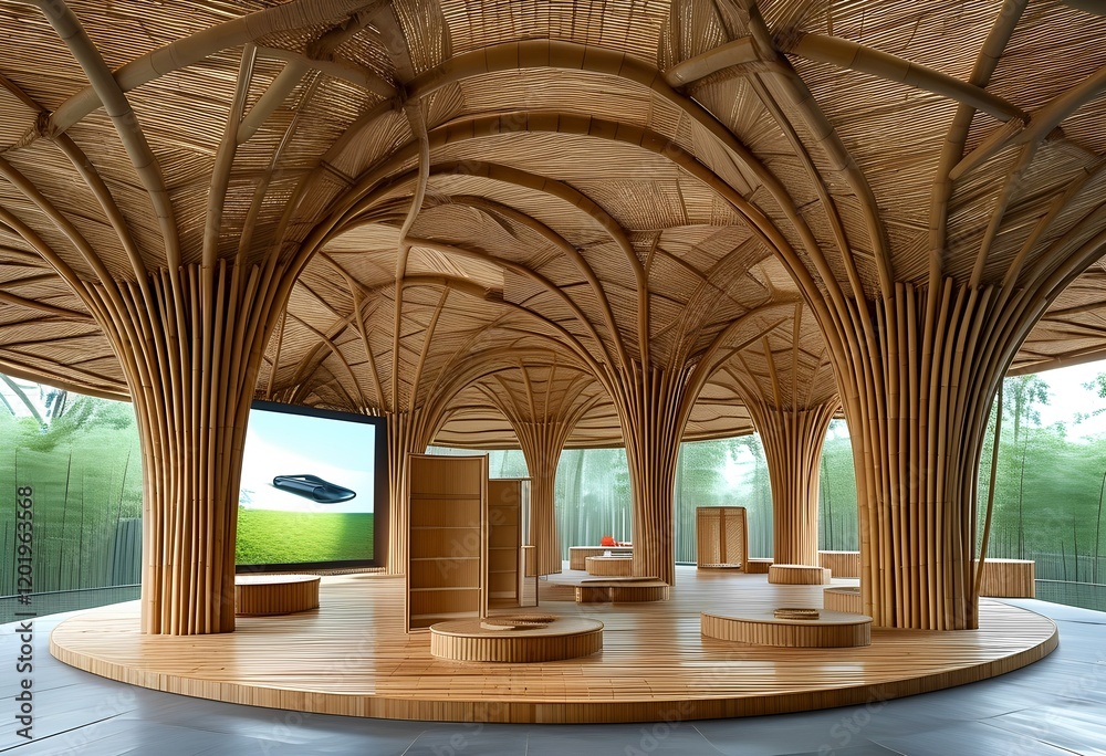 An architectural installation features bamboo columns supporting a ...