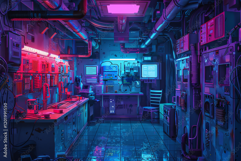 Illustrate a futuristic cybernetic laboratory scene with unexpected ...