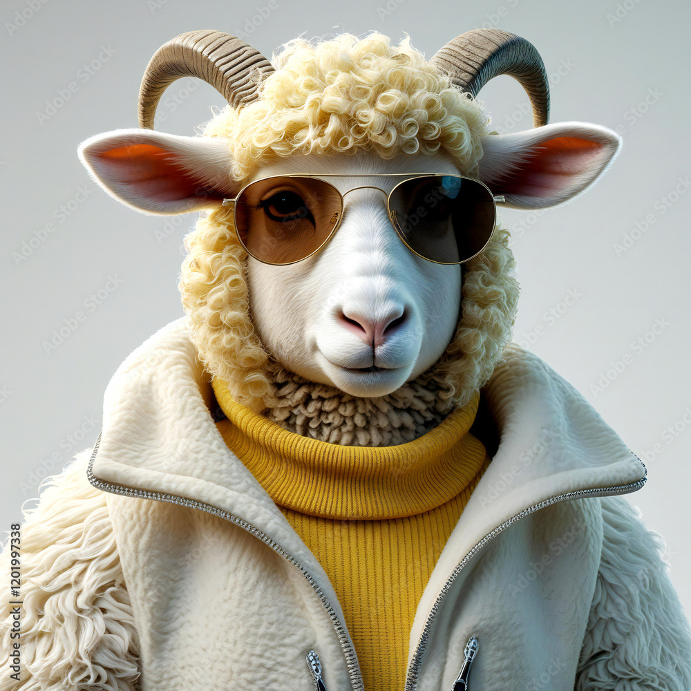 Sheep head wearing sunglasses on the human body of a man wearing winter ...