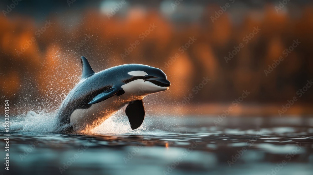 An orca whale joyfully breaching the water's surface, capturing the ...