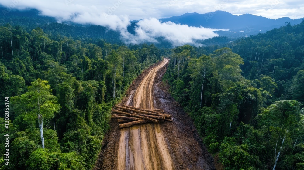 An expansive view of a forest road lined with freshly cut logs from the ...