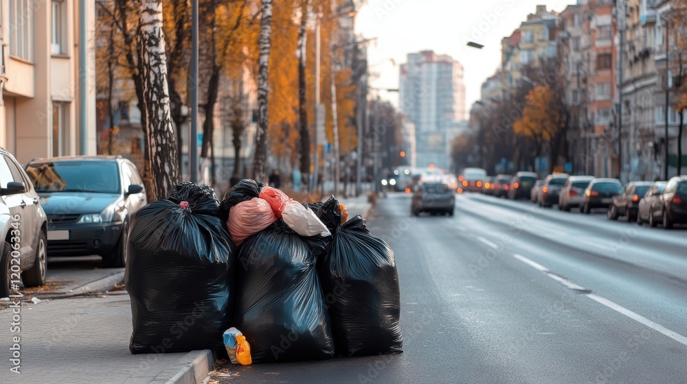 Person sleeping on sidewalk next to trash bag in urban environment ...