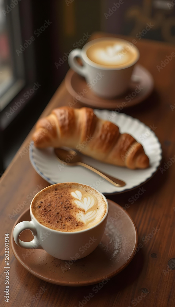 Detalle de café con dibujo en la espuma y croissant. Ambiente de bar ...