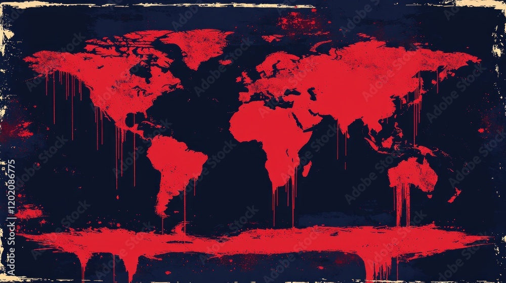 Abstract red world map on dark background with dripping paint effect ...