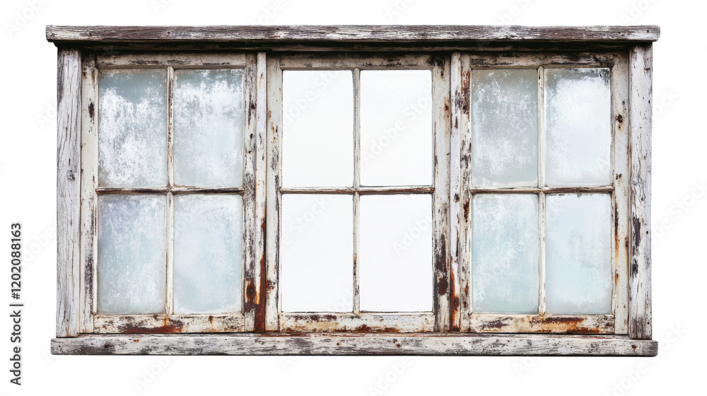 Weathered wooden window frame, rustic design, frosted glass panes ...